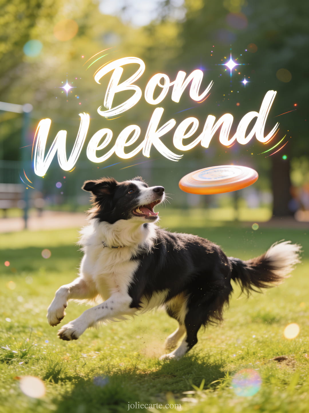 Bon Weekend Gif - Chien frisbee dynamique gratuit - JolieCarte