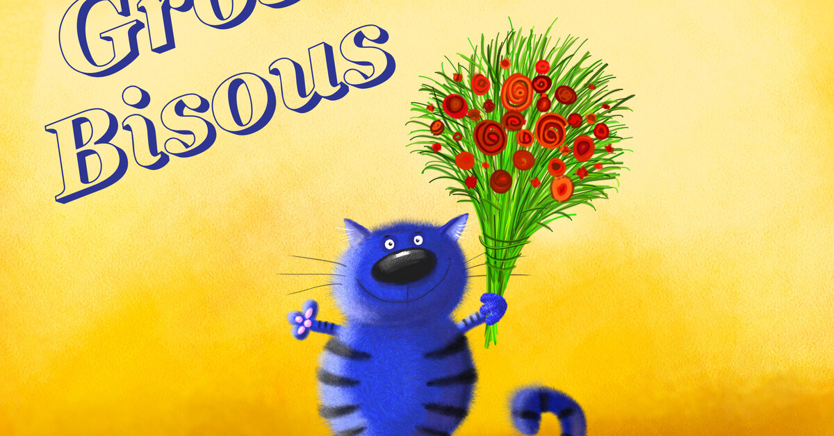 Carte Gros Bisous pour mon fils - Chat Mignon avec fleurs - JolieCarte